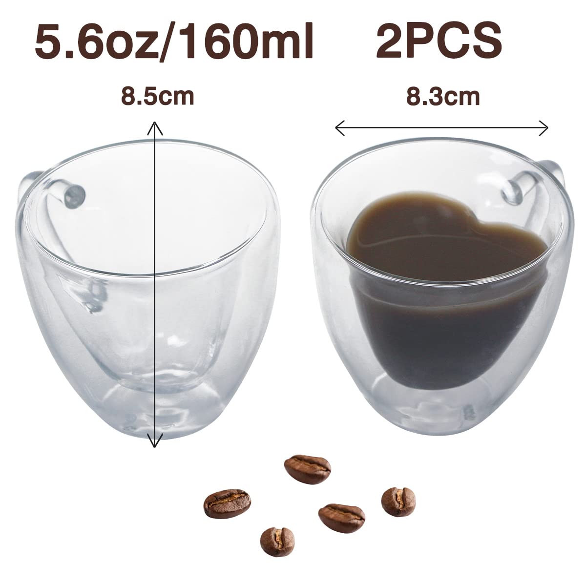 Kitchenexus Glass Espresso cups, Set of 2 5oz Double Wall Thermo Insulated Glass Espresso Shot Cups Set with Handle, Espresso Mug, Coffee Cups for Espresso and Cappuccino, Great Gift for Coffee Lover