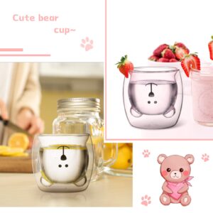 2 Pieces Cute Bear Mugs Insulated Double Wall Glass Bear Cups Animal Tea Milk Juice Chocolate Cappuccino Cups Home Glass Bear Cups Glass Mugs for Valentine's Day to lover (White, Pink)