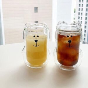 feb.7 Bear Cup, Double Wall, 300 ml Espresso Coffee Tea 3D Glasses Cup with Lid Heat-resistant Double Wall Milk Beer Juice Drinkware Christmas Cup (Transparent)