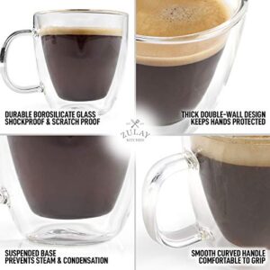 Zulay Double Wall 5.4oz Glass Espresso Mugs (Set of 2) - Insulated Clear Coffee Mugs With Handle & Suspended Base Design - Thick Expresso Coffee Cups For Americano, Lattes, Tea, Cappuccinos, and More