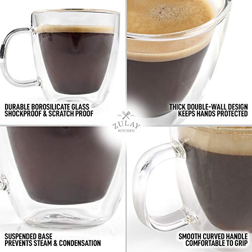 Zulay Double Wall 5.4oz Glass Espresso Mugs (Set of 2) - Insulated Clear Coffee Mugs With Handle & Suspended Base Design - Thick Expresso Coffee Cups For Americano, Lattes, Tea, Cappuccinos, and More