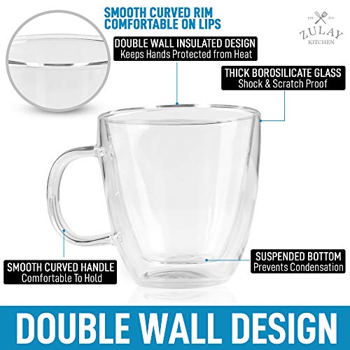 Zulay Double Wall 5.4oz Glass Espresso Mugs (Set of 2) - Insulated Clear Coffee Mugs With Handle & Suspended Base Design - Thick Expresso Coffee Cups For Americano, Lattes, Tea, Cappuccinos, and More