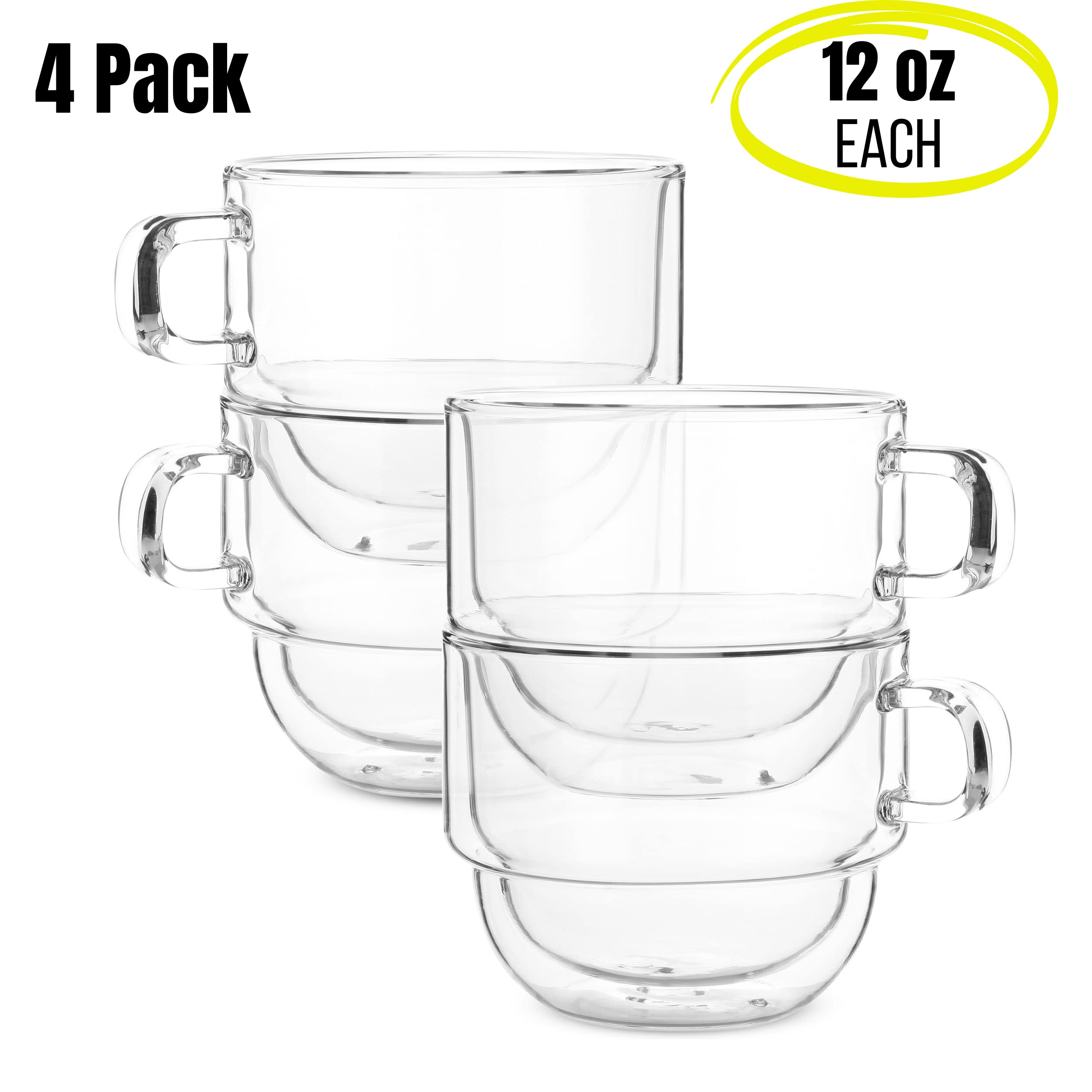 BTaT- Stackable Insulated Coffee Mugs, 4 Pack 12 oz(350 ml), Ideal for Hot and Cold Drinks, Stackable Cappuccino Cups, Double Wall Glass Coffee Cups, Tea Cups, Latte Cups, Latte Mug