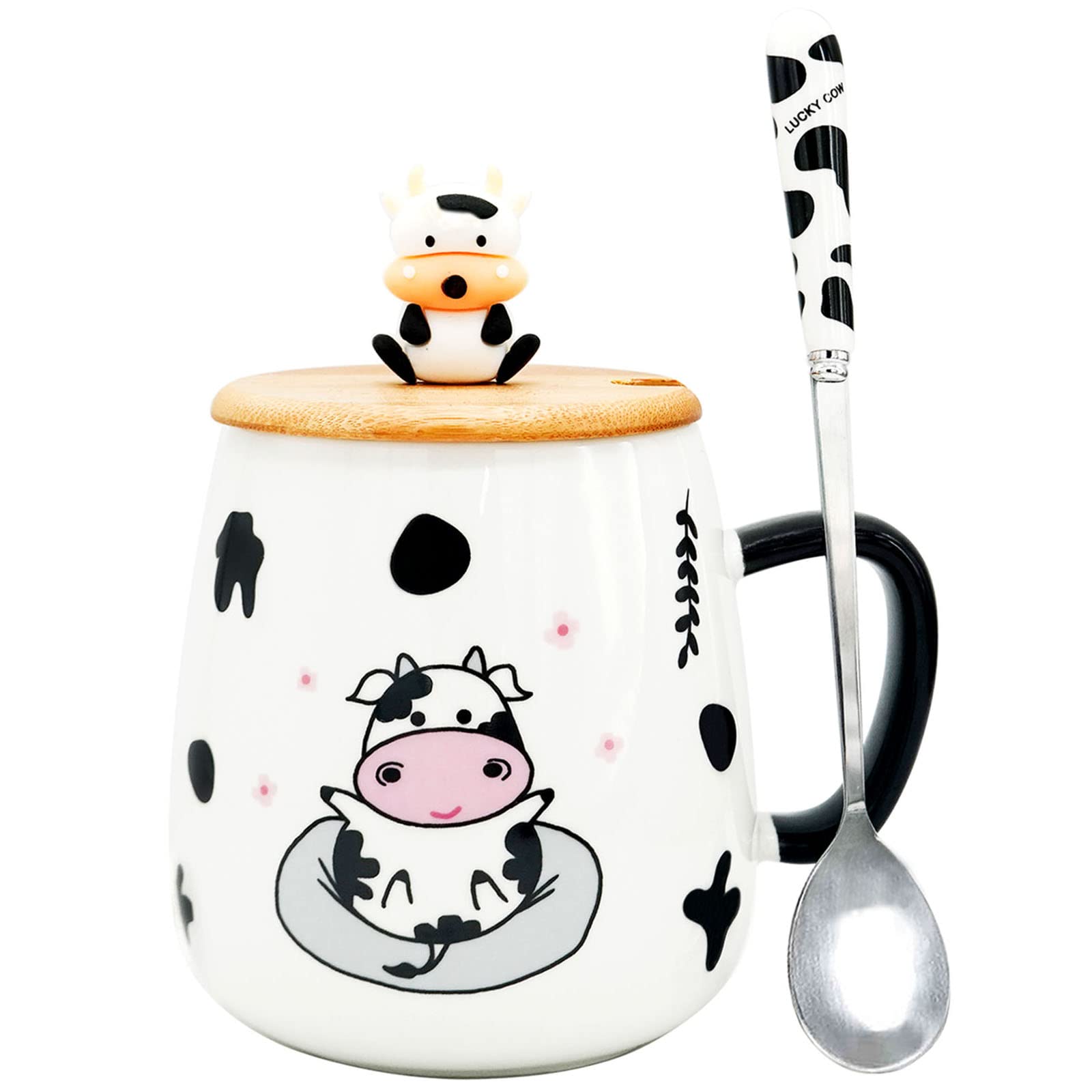 SZHTSWU Cute Animal Coffee Mug with Lid and Spoon, 420ml Cow Ceramic Coffee Cup, Breakfast Cups, Kawaii Drinking Cup with Handle for Latte, Milk, Cereal, Beverages (Happy Cow)