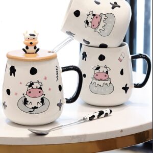 SZHTSWU Cute Animal Coffee Mug with Lid and Spoon, 420ml Cow Ceramic Coffee Cup, Breakfast Cups, Kawaii Drinking Cup with Handle for Latte, Milk, Cereal, Beverages (Happy Cow)