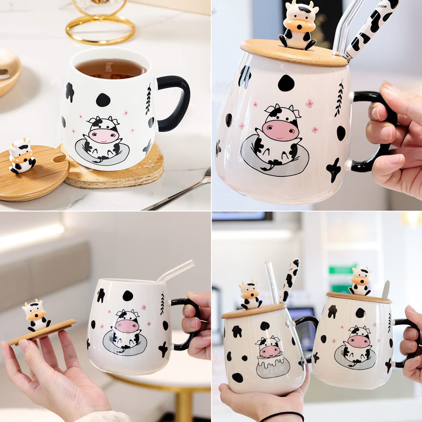 SZHTSWU Cute Animal Coffee Mug with Lid and Spoon, 420ml Cow Ceramic Coffee Cup, Breakfast Cups, Kawaii Drinking Cup with Handle for Latte, Milk, Cereal, Beverages (Happy Cow)