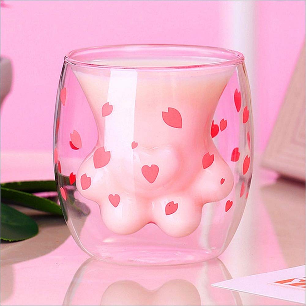 DBUKSNO 6Oz Pink Cat Paw Glass Coffee Mugs Clear Double Wall Glasses Insulated Glass Milk Tea Juice Wine Whiskey Water Glass Cup (Pink Cat Paw)