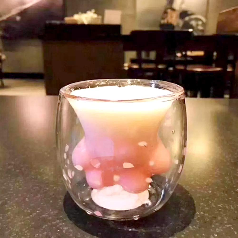 DBUKSNO 6Oz Pink Cat Paw Glass Coffee Mugs Clear Double Wall Glasses Insulated Glass Milk Tea Juice Wine Whiskey Water Glass Cup (Pink Cat Paw)