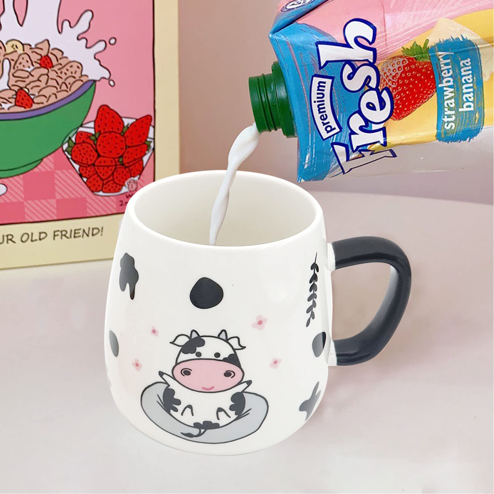 SZHTSWU Cute Animal Coffee Mug with Lid and Spoon, 420ml Cow Ceramic Coffee Cup, Breakfast Cups, Kawaii Drinking Cup with Handle for Latte, Milk, Cereal, Beverages (Happy Cow)