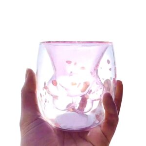 DBUKSNO 6Oz Pink Cat Paw Glass Coffee Mugs Clear Double Wall Glasses Insulated Glass Milk Tea Juice Wine Whiskey Water Glass Cup (Pink Cat Paw)