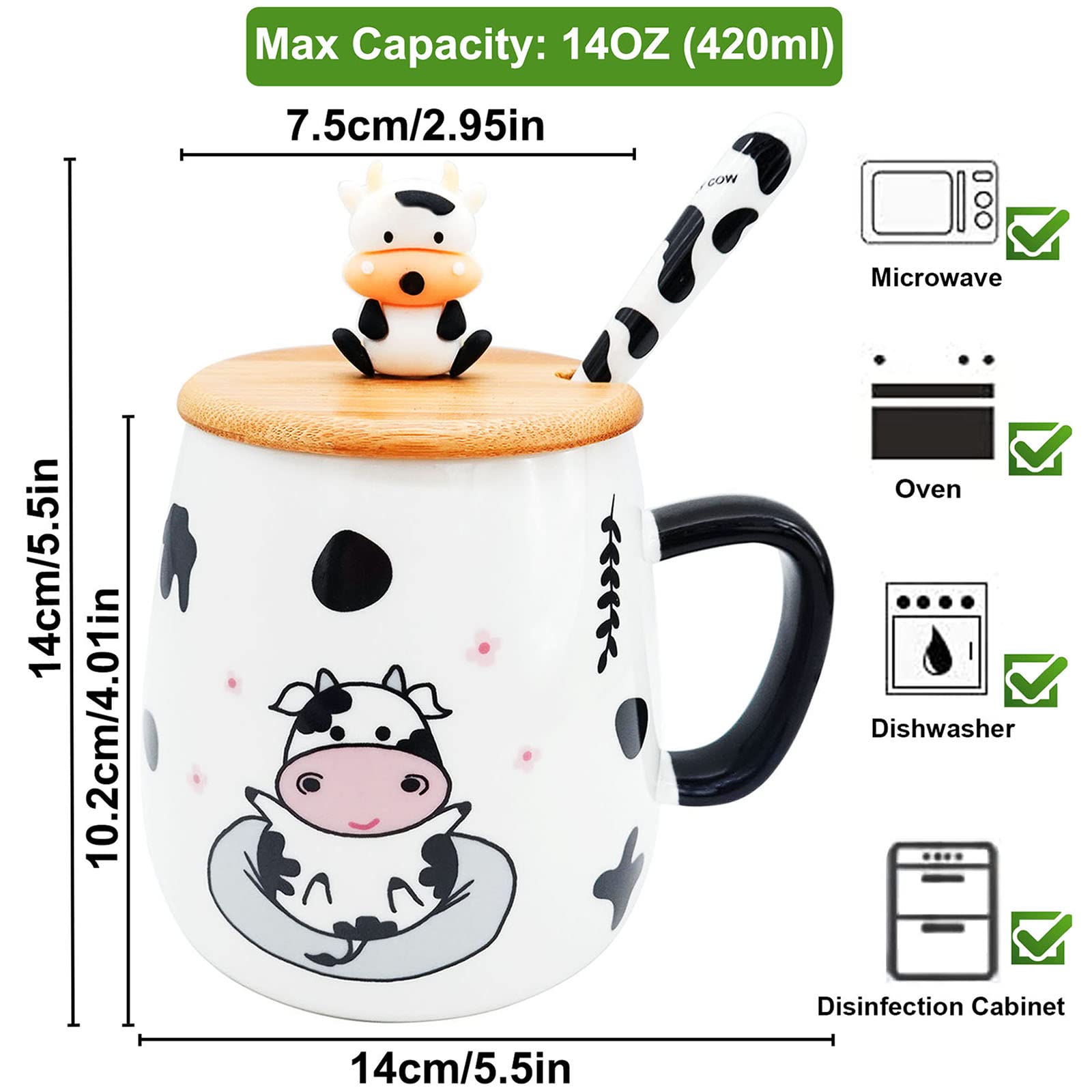 SZHTSWU Cute Animal Coffee Mug with Lid and Spoon, 420ml Cow Ceramic Coffee Cup, Breakfast Cups, Kawaii Drinking Cup with Handle for Latte, Milk, Cereal, Beverages (Happy Cow)