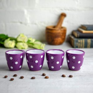 City to Cottage Handmade Purple and White Polka Dot Ceramic 2oz/60ml | Espresso Cup Set of 4, Unique Designer Pottery for Coffee Lovers