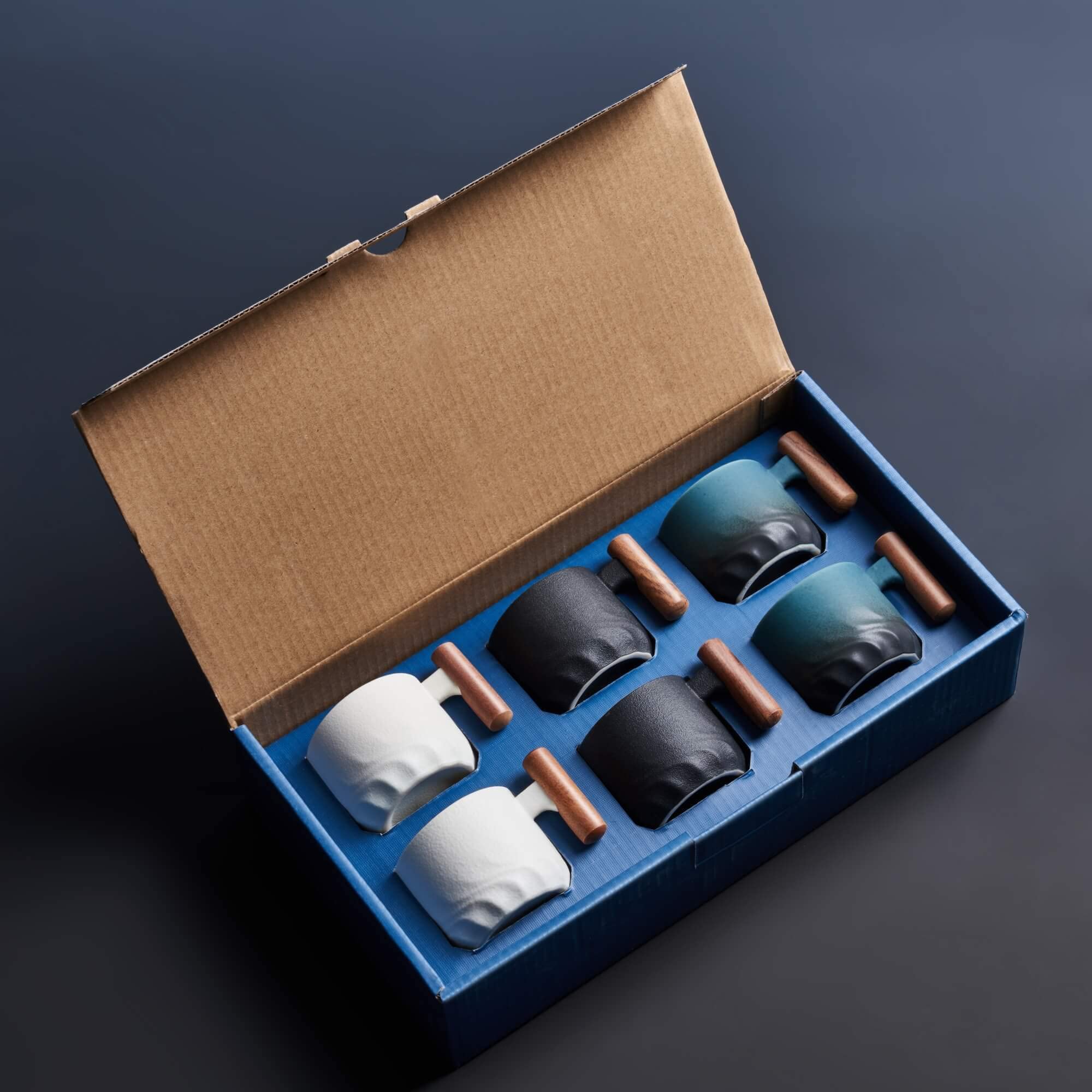 BlogBlog Ceramic Espresso Cups with Wooden Handle Espresso Shot Cups Ceramic Tea Cups Porcelain Demitasse Cups for Coffee or Tea, 3oz (Black&Blue&White, 6)