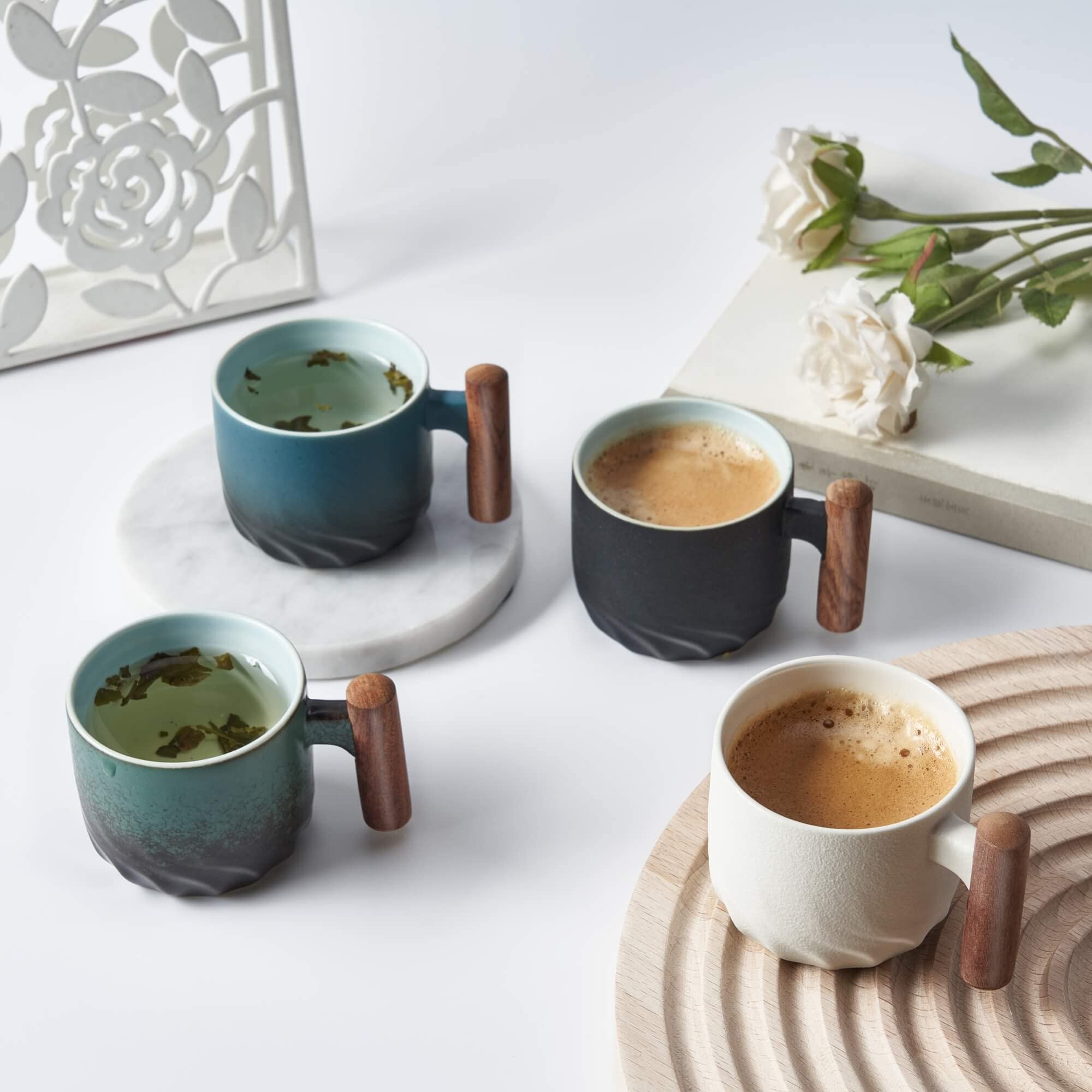 BlogBlog Ceramic Espresso Cups with Wooden Handle Espresso Shot Cups Ceramic Tea Cups Porcelain Demitasse Cups for Coffee or Tea, 3oz (Black&Blue&White, 6)