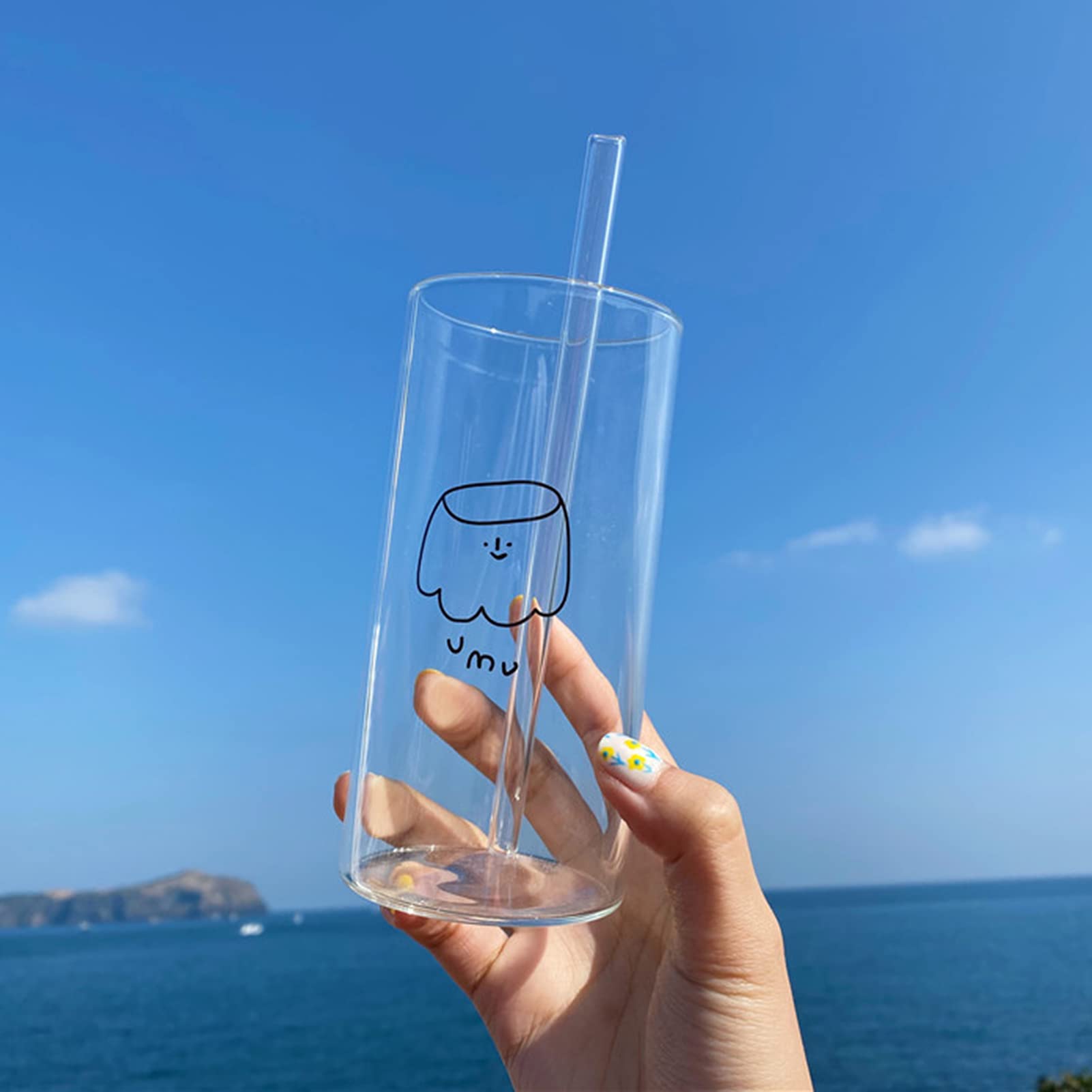 Lovely Glass Cup, Heat-resistant Glass Cup Korean Milk Juice Cup with Straw Simple Fashion Stable Cartoon Transparent Drink Mug Glass Cup