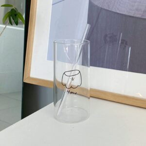 Lovely Glass Cup, Heat-resistant Glass Cup Korean Milk Juice Cup with Straw Simple Fashion Stable Cartoon Transparent Drink Mug Glass Cup