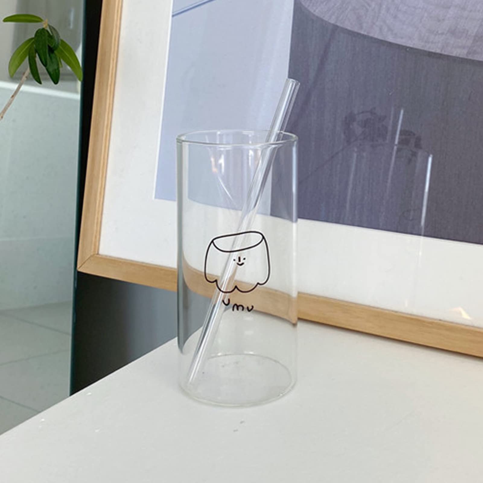 Lovely Glass Cup, Heat-resistant Glass Cup Korean Milk Juice Cup with Straw Simple Fashion Stable Cartoon Transparent Drink Mug Glass Cup