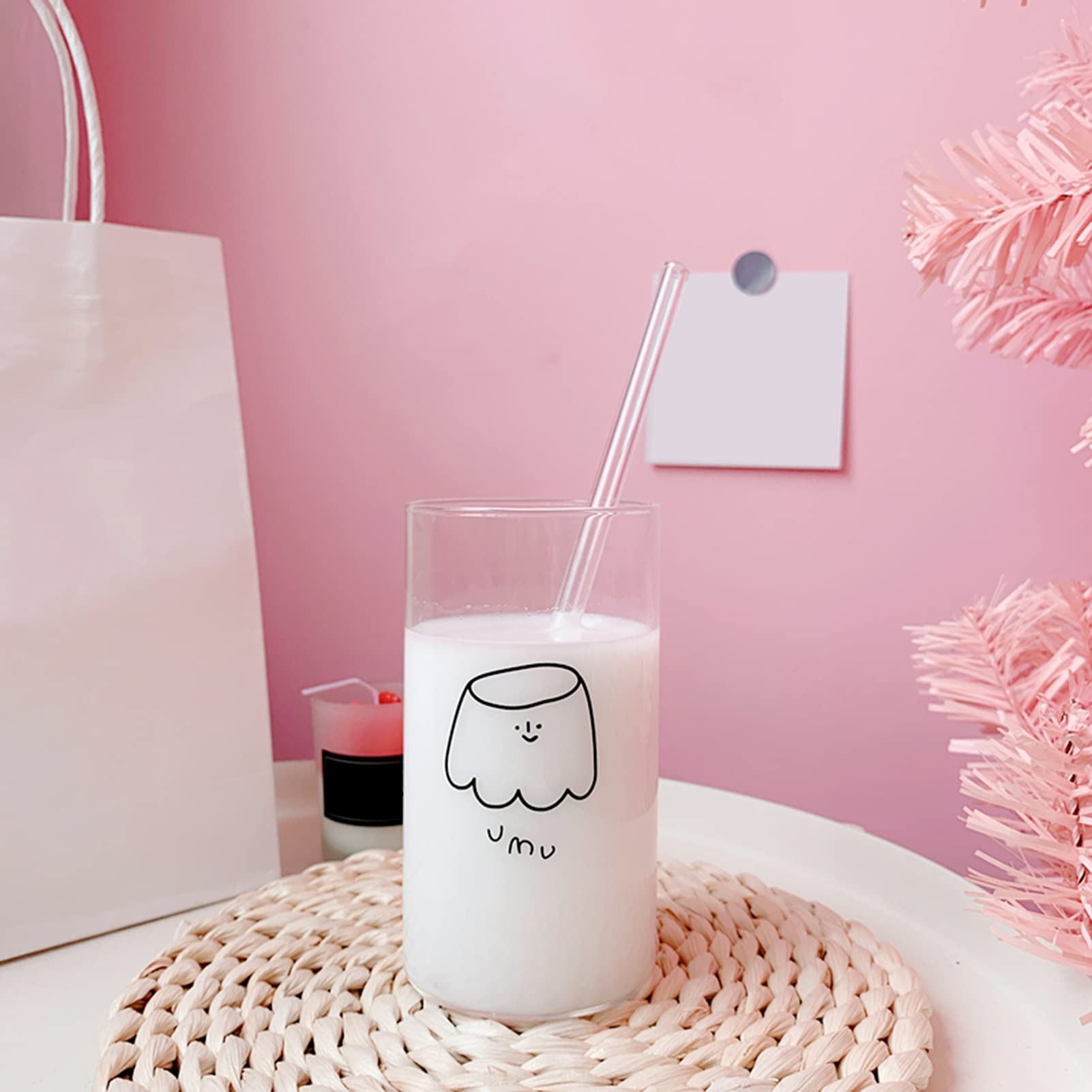 Lovely Glass Cup, Heat-resistant Glass Cup Korean Milk Juice Cup with Straw Simple Fashion Stable Cartoon Transparent Drink Mug Glass Cup