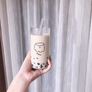 Lovely Glass Cup, Heat-resistant Glass Cup Korean Milk Juice Cup with Straw Simple Fashion Stable Cartoon Transparent Drink Mug Glass Cup