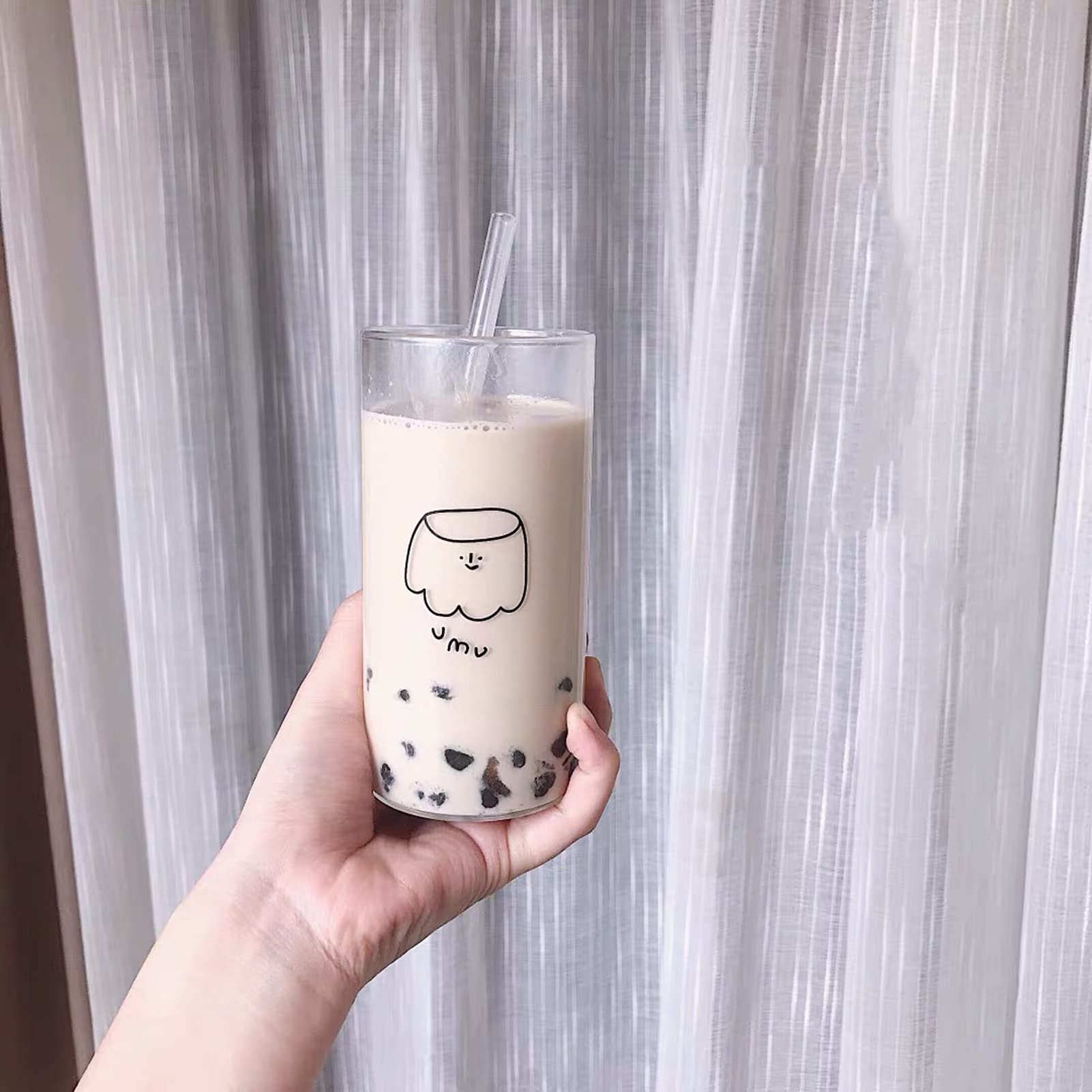 Lovely Glass Cup, Heat-resistant Glass Cup Korean Milk Juice Cup with Straw Simple Fashion Stable Cartoon Transparent Drink Mug Glass Cup