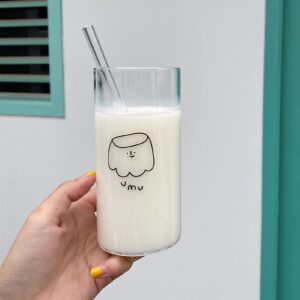 Lovely Glass Cup, Heat-resistant Glass Cup Korean Milk Juice Cup with Straw Simple Fashion Stable Cartoon Transparent Drink Mug Glass Cup