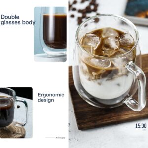 MJZQCD Glass Espresso Cup 12 oz, Double Wall Glasses Insulated coffee Mugs,With Handle & Suspended Base Design,Clear glass tea cups,Perfect for Cappuccino,Latte,Hot Beverage (Set of 2 * 12 oz)