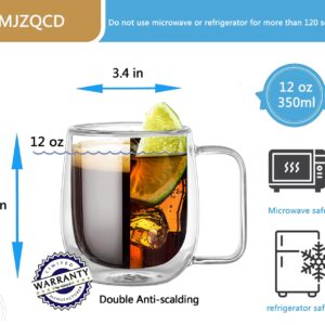 MJZQCD Glass Espresso Cup 12 oz, Double Wall Glasses Insulated coffee Mugs,With Handle & Suspended Base Design,Clear glass tea cups,Perfect for Cappuccino,Latte,Hot Beverage (Set of 2 * 12 oz)