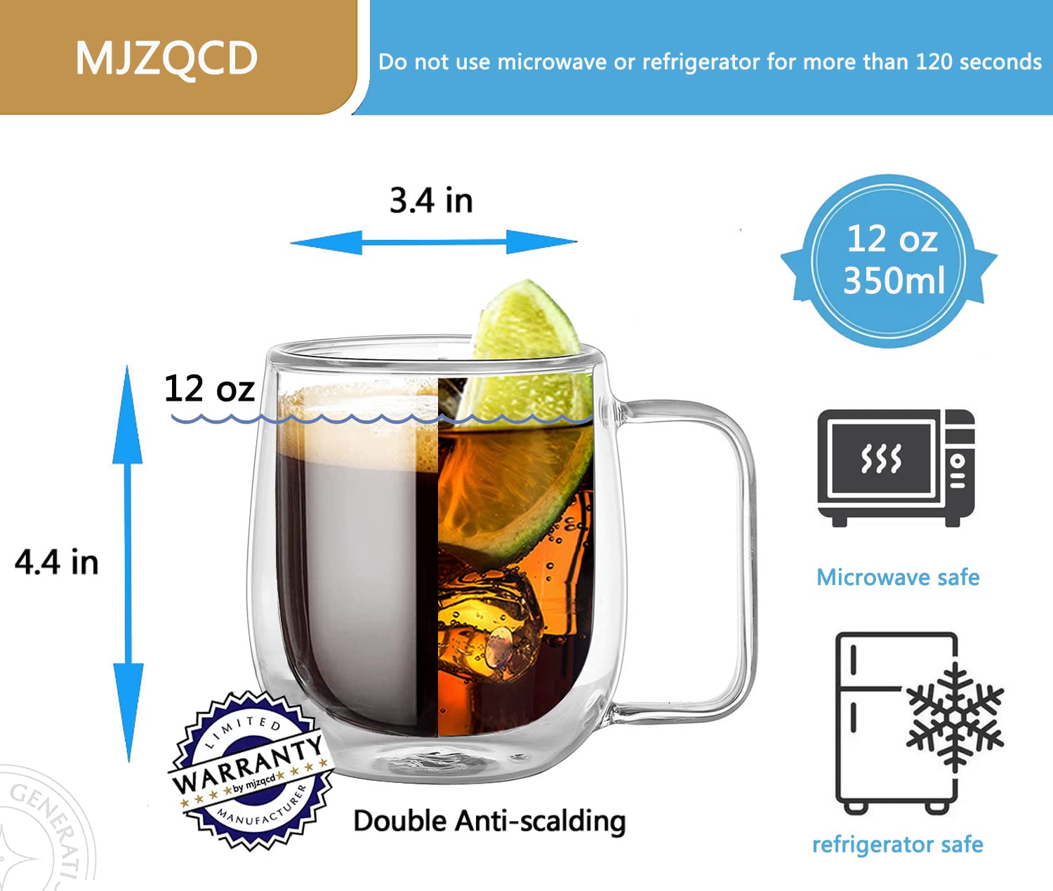 MJZQCD Glass Espresso Cup 12 oz, Double Wall Glasses Insulated coffee Mugs,With Handle & Suspended Base Design,Clear glass tea cups,Perfect for Cappuccino,Latte,Hot Beverage (Set of 2 * 12 oz)