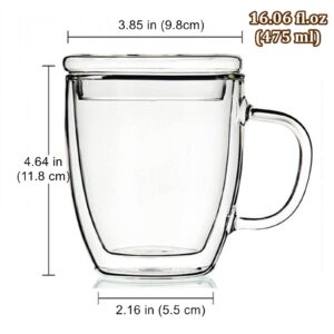 Insulated Coffee Mug With Handle And Lid 16 oz Double Wall Espresso Cups Double Layer Glass Mug Cold Heat Resistant Cup Tea Mug Milk Cup Coffee Cup Wine Glasses