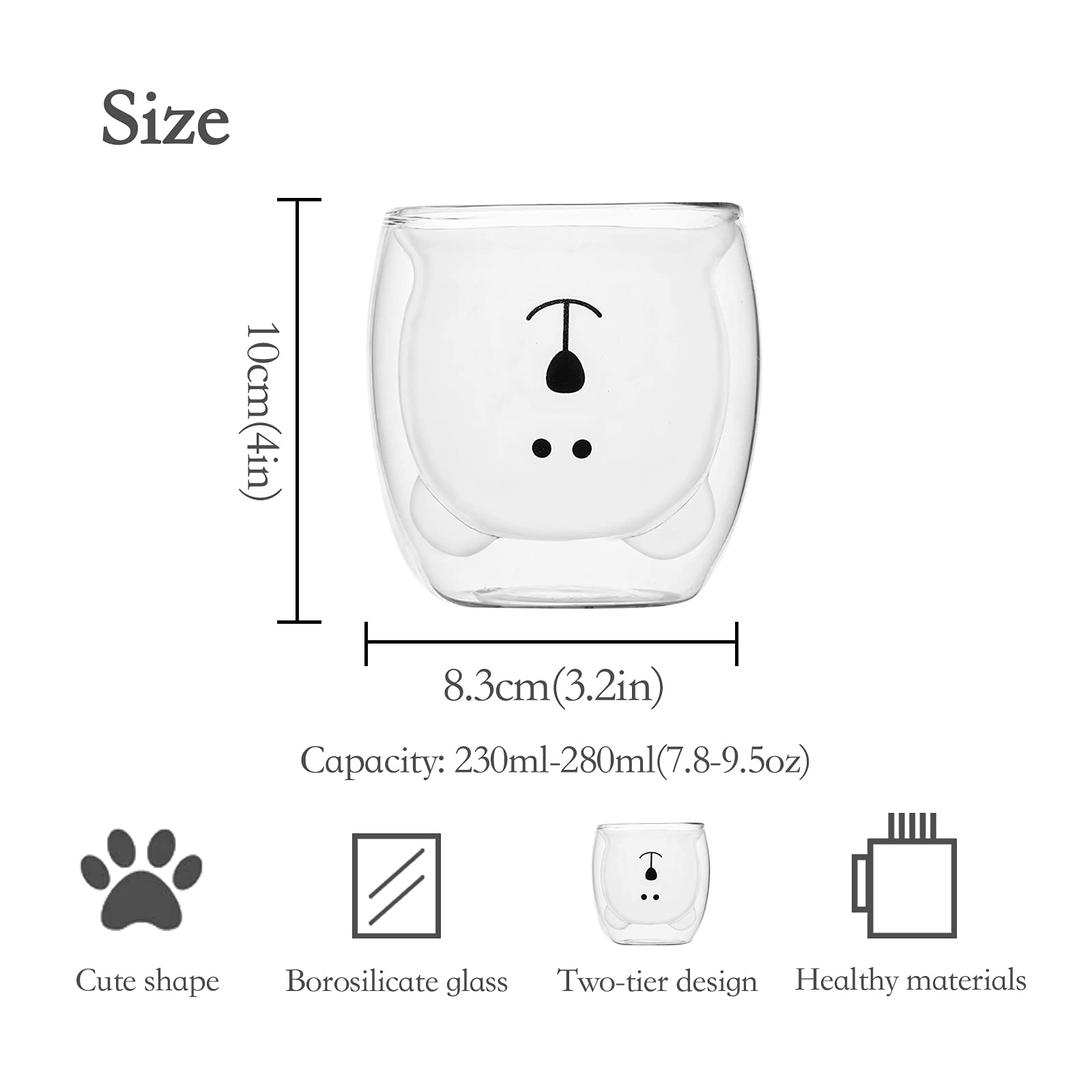 SHENDONG Cute Bear Cups Cute Mugs Bear Tea Coffee Cup Double Wall Insulated Glass Espresso Cups Glass 8.5oz Milk Cup Gift for Personal Birthday Valentine's Day and Office (White Happy Bear)