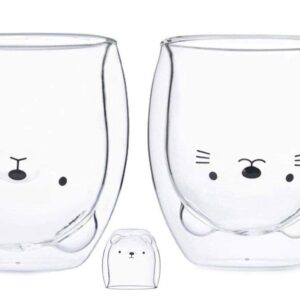 Sharemee Cute Mugs Double Wall Insulated Glass Espresso Cup Coffee Cup, Tea Cup, Milk Cup, Gigt for Personal Birthday and Office 250ml/8.4oz (Cute Mugs Bear+cat)