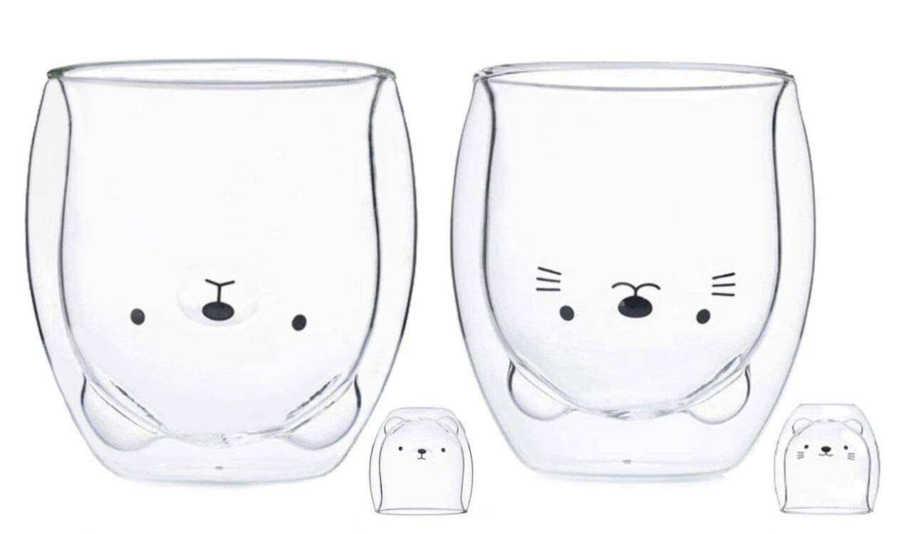 Sharemee Cute Mugs Double Wall Insulated Glass Espresso Cup Coffee Cup, Tea Cup, Milk Cup, Gigt for Personal Birthday and Office 250ml/8.4oz (Cute Mugs Bear+cat)