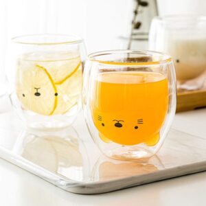 Sharemee Cute Mugs Double Wall Insulated Glass Espresso Cup Coffee Cup, Tea Cup, Milk Cup, Gigt for Personal Birthday and Office 250ml/8.4oz (Cute Mugs Bear+cat)