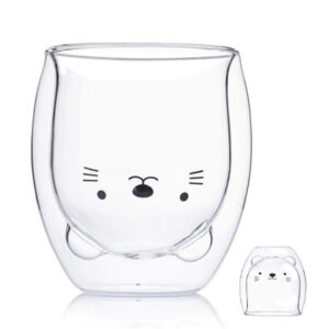 Sharemee Cute Mugs Double Wall Insulated Glass Espresso Cup Coffee Cup, Tea Cup, Milk Cup, Gigt for Personal Birthday and Office 250ml/8.4oz (Cute Mugs Bear+cat)