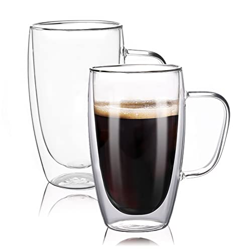 Douria Double Walled Glass Coffee Mugs, Clear Espresso Cups, Coffee tea Mugs Set, Iced Coffee Cup, Glass Mugs for Hot Beverages, Premium Glasses Set, Each 450ml (16Ounces./Set of 2)