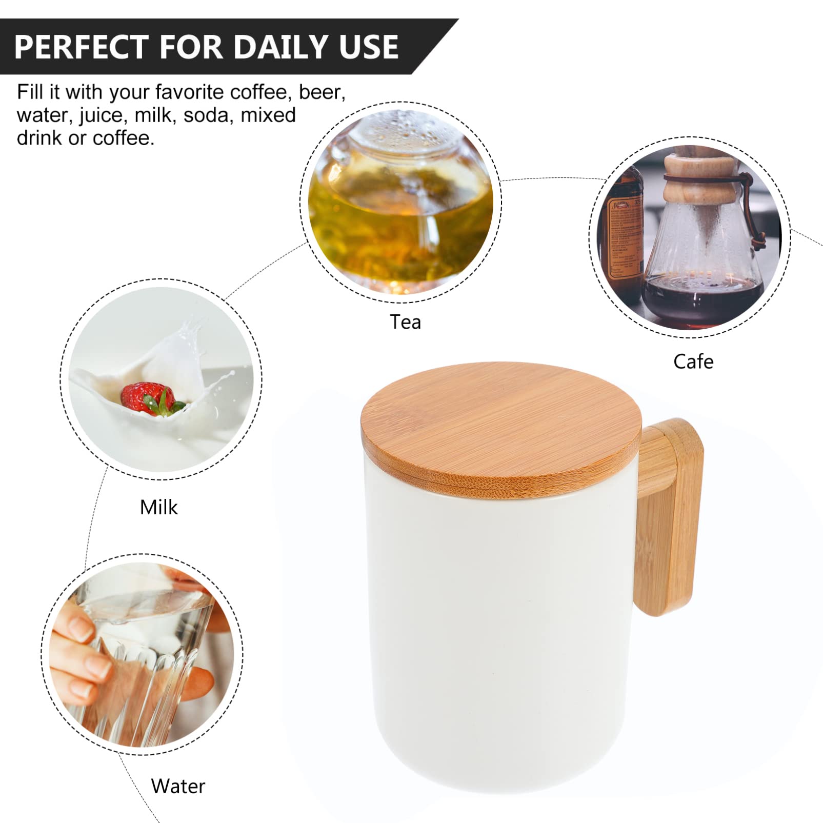 Veemoon Flat Bottom Coffee Mug with Wood Lid, 380 ML Ceramic Cup for Coffee Warmer, Keeps Warm for Tea, Cocoa, Milk and Hot Beverage