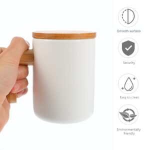 Veemoon Flat Bottom Coffee Mug with Wood Lid, 380 ML Ceramic Cup for Coffee Warmer, Keeps Warm for Tea, Cocoa, Milk and Hot Beverage