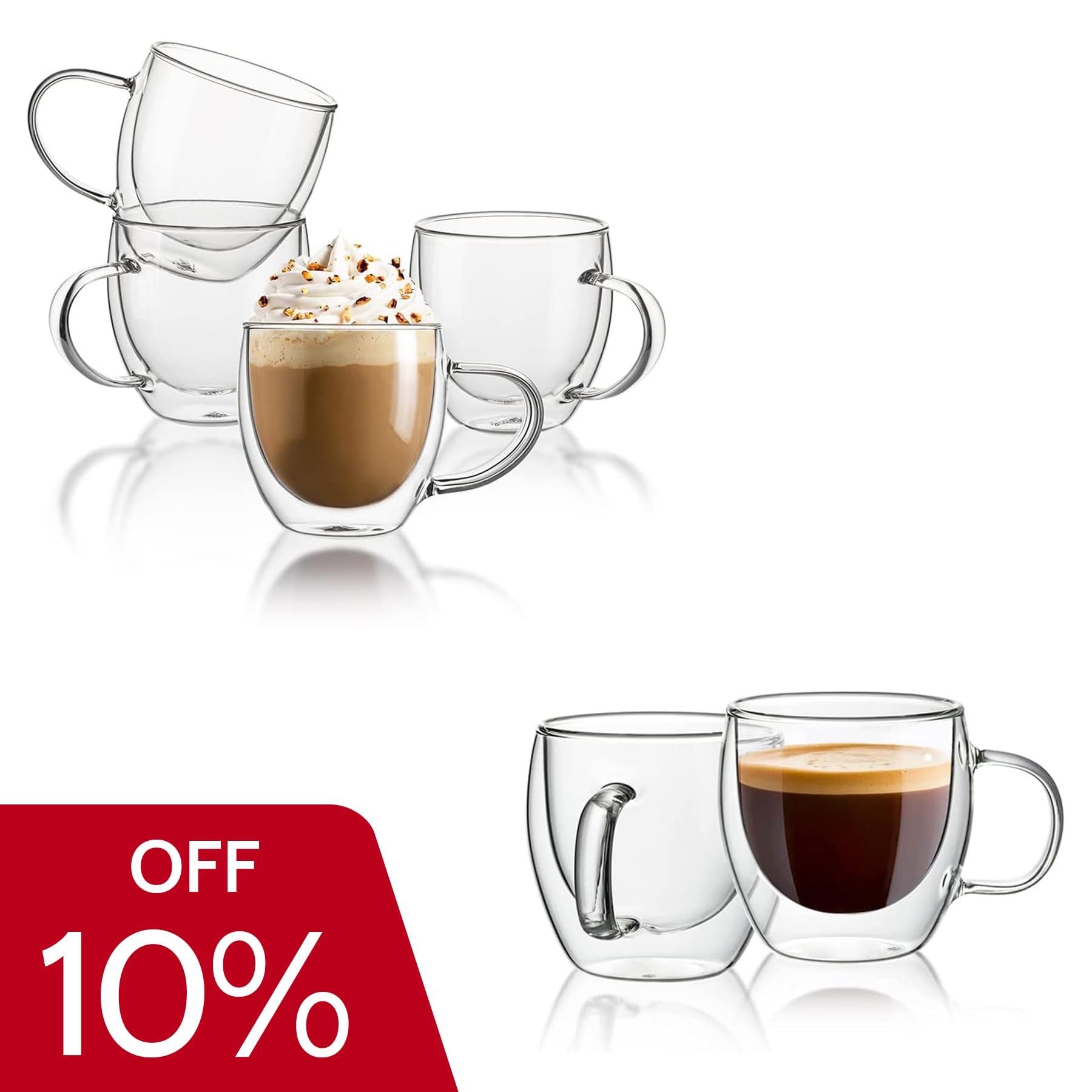 Sweese Glass Espresso Cups, 5oz & 8oz Double Wall Glass Coffee Mugs, Set of 6