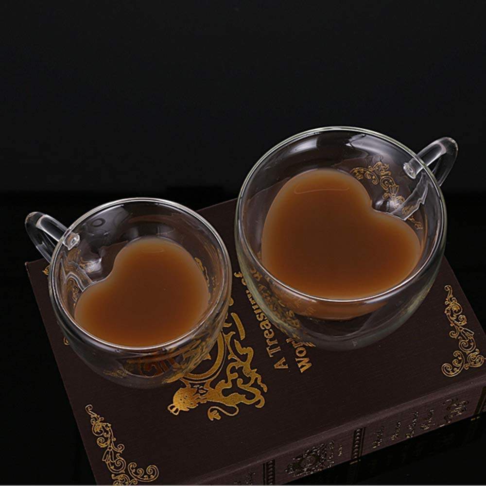 ALEECYN (1 Pack) Heart Shaped Cups, Glass Tea Cups with Handle for Latte, Cappuccino, Espresso, Iced Tea, Microwave Safe, Heart Cups (240 ml8 oz)