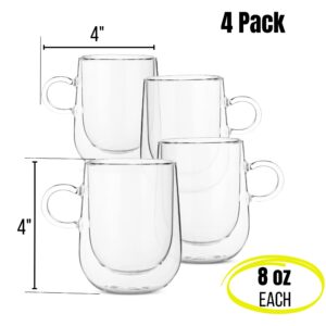 BTaT- Double Wall Glass Coffee Mugs, 8 oz (240ml), Set of 4, Double Glass Coffee Cups, Double Wall Coffee Mugs, Double Insulated Coffee Mugs, Clear Latte Mugs, Glass Coffee Mug, Clear Mugs