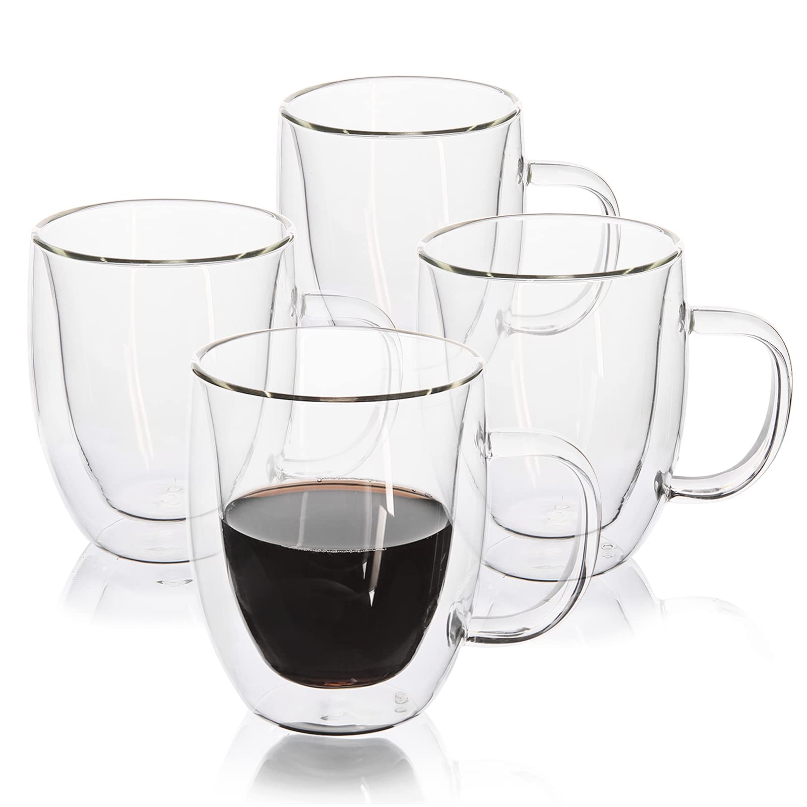 G Double Wall Coffee Mug Set of 4 With Handle, 12.4 oz Insulated Glassware Espresso Cups For Iced/Hot Tea Latte Beverages Large Cappuccino Borosilicate Drinking Glasses Tea Cup