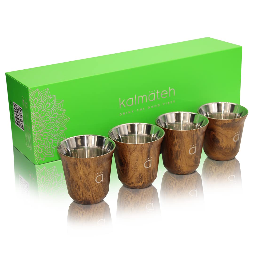 Kalmateh Heat Resistant Espresso Coffee Cups- Set of 4 - Double Wall Insulated Stainless Steel Espresso Cup Set - 2.7oz 80ml (Wood, 80ml)