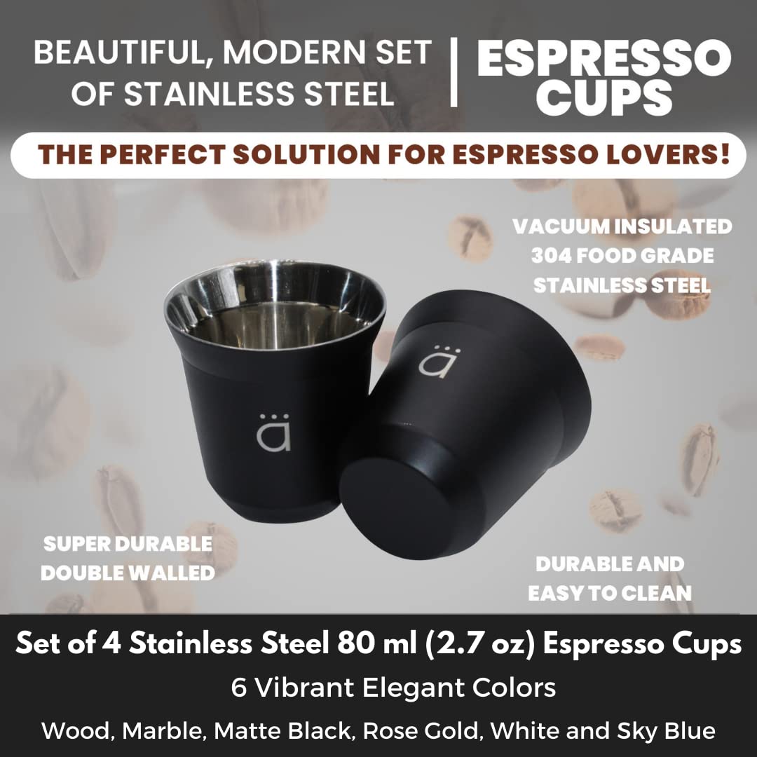 Kalmateh Heat Resistant Espresso Coffee Cups- Set of 4 - Double Wall Insulated Stainless Steel Espresso Cup Set - 2.7oz 80ml (Wood, 80ml)