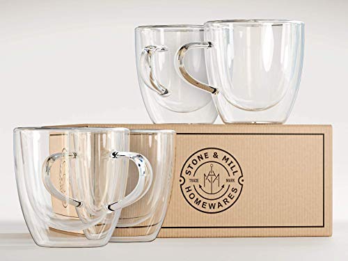 Espresso cups 5 oz - Glass Espresso cups - Set of 4 - Double Wall Espresso Cups, Espresso cup with Handle, Gift Box Set, Premium Expresso coffee cups sets - Stone & Mill AM-04 espresso shot glasses