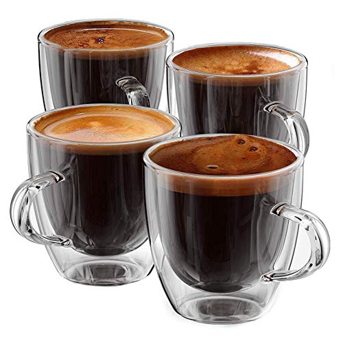 Espresso cups 5 oz - Glass Espresso cups - Set of 4 - Double Wall Espresso Cups, Espresso cup with Handle, Gift Box Set, Premium Expresso coffee cups sets - Stone & Mill AM-04 espresso shot glasses