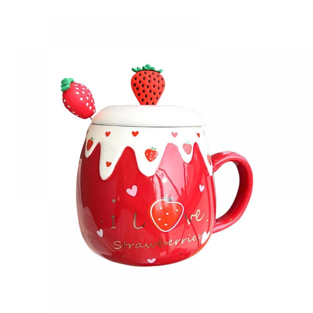 Mozacona Ceramic Mug Strawberry Love Coffee Cup Water Cup with Strawberry Lid and Spoon