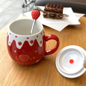 Mozacona Ceramic Mug Strawberry Love Coffee Cup Water Cup with Strawberry Lid and Spoon