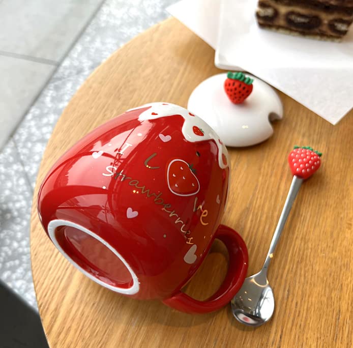 Mozacona Ceramic Mug Strawberry Love Coffee Cup Water Cup with Strawberry Lid and Spoon