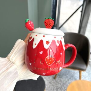 Mozacona Ceramic Mug Strawberry Love Coffee Cup Water Cup with Strawberry Lid and Spoon