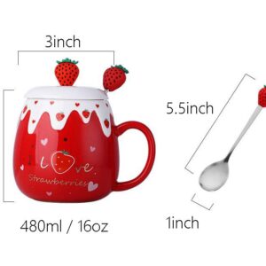 Mozacona Ceramic Mug Strawberry Love Coffee Cup Water Cup with Strawberry Lid and Spoon